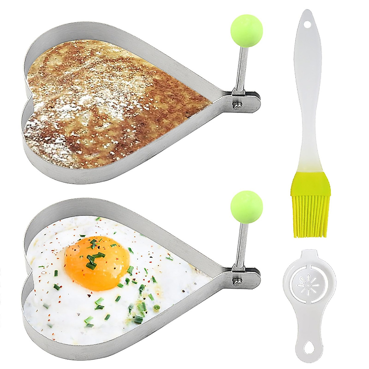 Heart Shaped Egg Pancake Molds, 2 Pack Egg Ring for Frying Eggs and Egg Mcmuffins Stainless Steel Hearts Egg Mold Pancake Ring with Oil Brush & Egg Separator for Love Breakfast Sandwiches