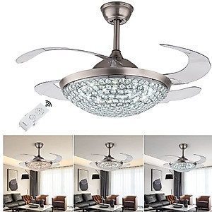GDNTMU Ceiling Fan with Lights Remote Control 42 inch, Modern Ceiling Fan Chandelier Invisible 4 Retractable Blade with 3 Light Color Changes and 3 Speeds for Dining/Living Room Bedroom