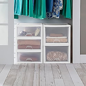 Sterilite 27 Quart White Frame Clear Plastic Stackable Storage Container Bin w/Single Drawer, 4 Pack