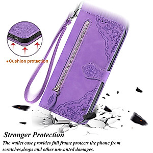 KRHGEIK for Samsung Galaxy S21 5G Phone Case Wallet for Women,Emboss PU Leather Cover Magnetic Wrist Strap Zipper Card Holder Flip Protective Case (Purple)