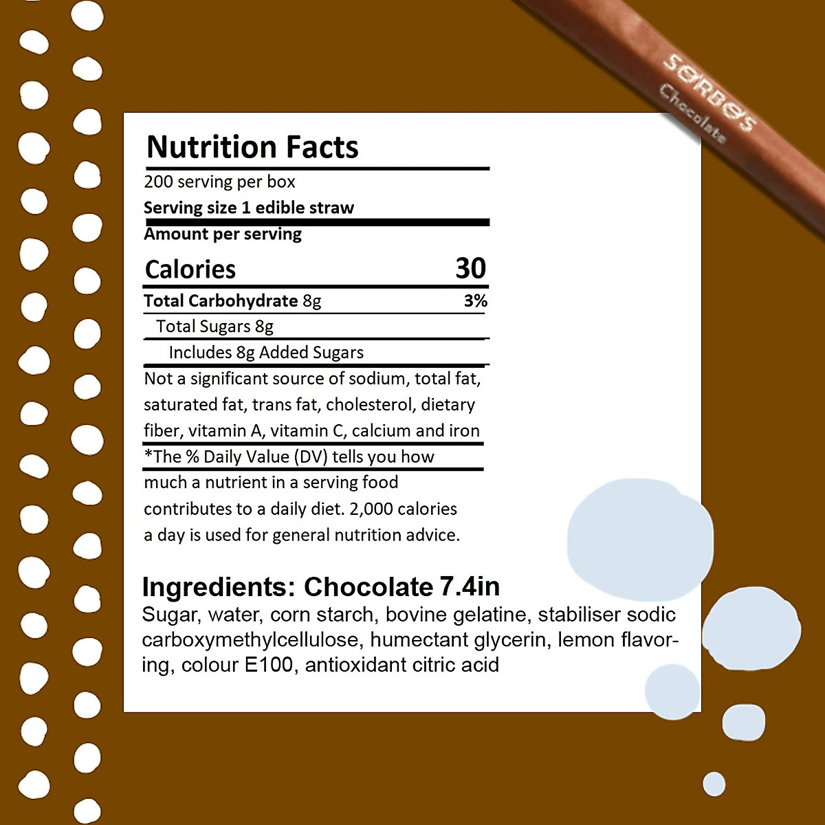 Sorbos Edible Straws, Chocolate Flavored, Sustainable, Individually Packaged, No Plastic, No Allergens, No Gluten, No PFAS, 100 Percent Biodegradable, 7.4 inches long (Pack of 200)