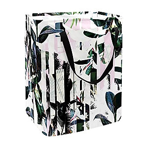 Abstract Leaves in Striped Print Collapsible Laundry Hamper, 60L Waterproof Laundry Baskets Washing Bin Clothes Toys Storage for Dorm Bathroom Bedroom