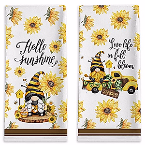 Bonsai Tree Sunflower Kitchen Towels and Dishcloths Sets of 2, Gnomes Bees Farmhouse Dish Towels 18”x28”, Hello Sunshine Seasonal Tea Hand Towels Housewarming Gifts Decor for New Home Bathroom