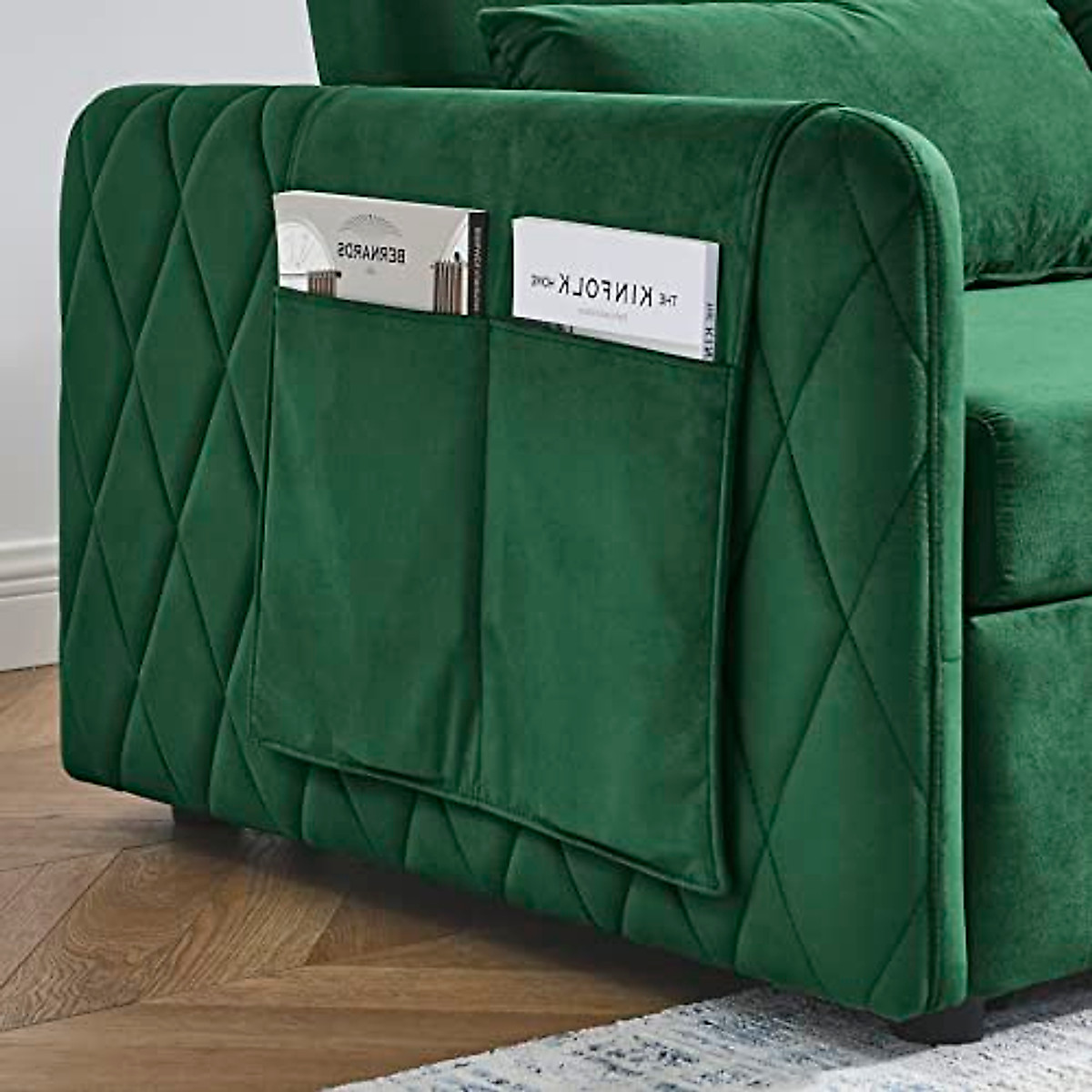 HomSof 2 Pillows and Living Room Adjustable Backrest, Grid Design Armrests 55" Modern Convertible 2 Detachable Arm Pockets, Velvet Loveseat Sofa with Pull Out Bed, Style B, Green