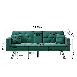Eafurn Linen Upholstered Convertible Folding Futon Bed, Button Tufted Loveseat Compact Living Space, Apartment, Dorm, Bonus Room w/Metal Legs, 2 Cupholders,Comfy Sofa & Couches, Green 75.59"