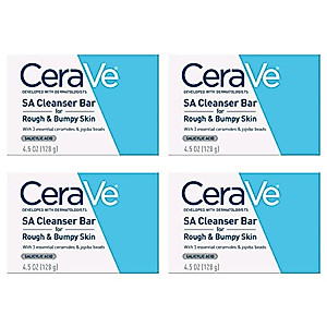 CeraVe SA Cleanser Bar for Rough & Bumpy Skin Bundle - of 4 Bars With 3 Essential Ceramides Jojoba Beads Smoothing Formula Salicylic Acid Fragrance Free, 4.5 Ounce (Pack 4)