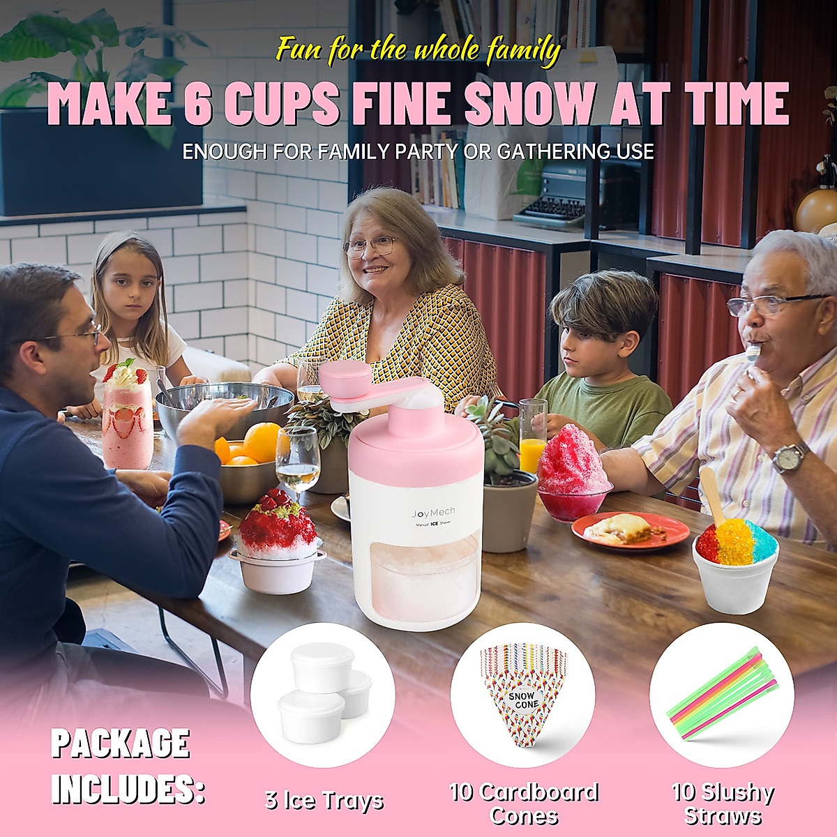 JoyMech Manual Shaved Ice Maker Machine Set with 10 Cardboard Cones, 10 Slushy Straws and 3 Ice Trays, Instant Ice Shaver, Snow Cone Machine, Ideal for making Snowcones and Slushy (Pink)