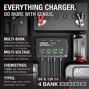 NOCO GENIUS2X4, 4-Bank, 8A (2A/Bank) Smart Car Battery Charger, 6V/12V Automotive Charger, Battery Maintainer, Trickle Charger, Float Charger and Desulfator for Motorcycle, ATV and Lithium Batteries