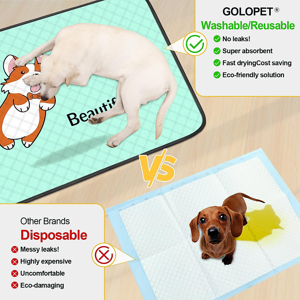 GOLOPET Washable Pee Pads for Dogs 47x32in 2-Pack Thick Reusable Puppy Pads Extra-Absorbent Prevent Leakage Non-Slip for Puppy Playpen, Crate, Whelping Box, Potty Training Reusable,Blue