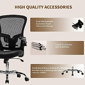 Mesh Office Chair Ergonomic -Adjustable Height, Desk Chair with Wheels Mesh Computer Desk Chair with Flip-up Arms PU Leather Task Chair 300lbs