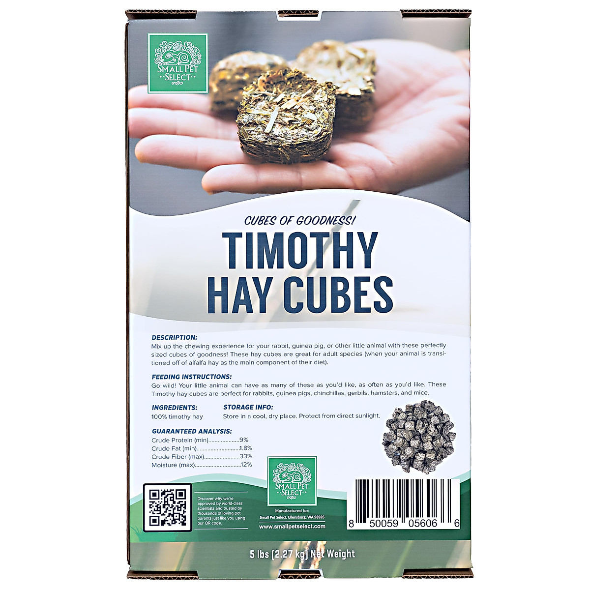 Small Pet Select - Straight Timothy Hay Cubes - 100% All Natural Timothy Hay, Not Blended - Delivered Fresh, Guarantee, (5 lb)