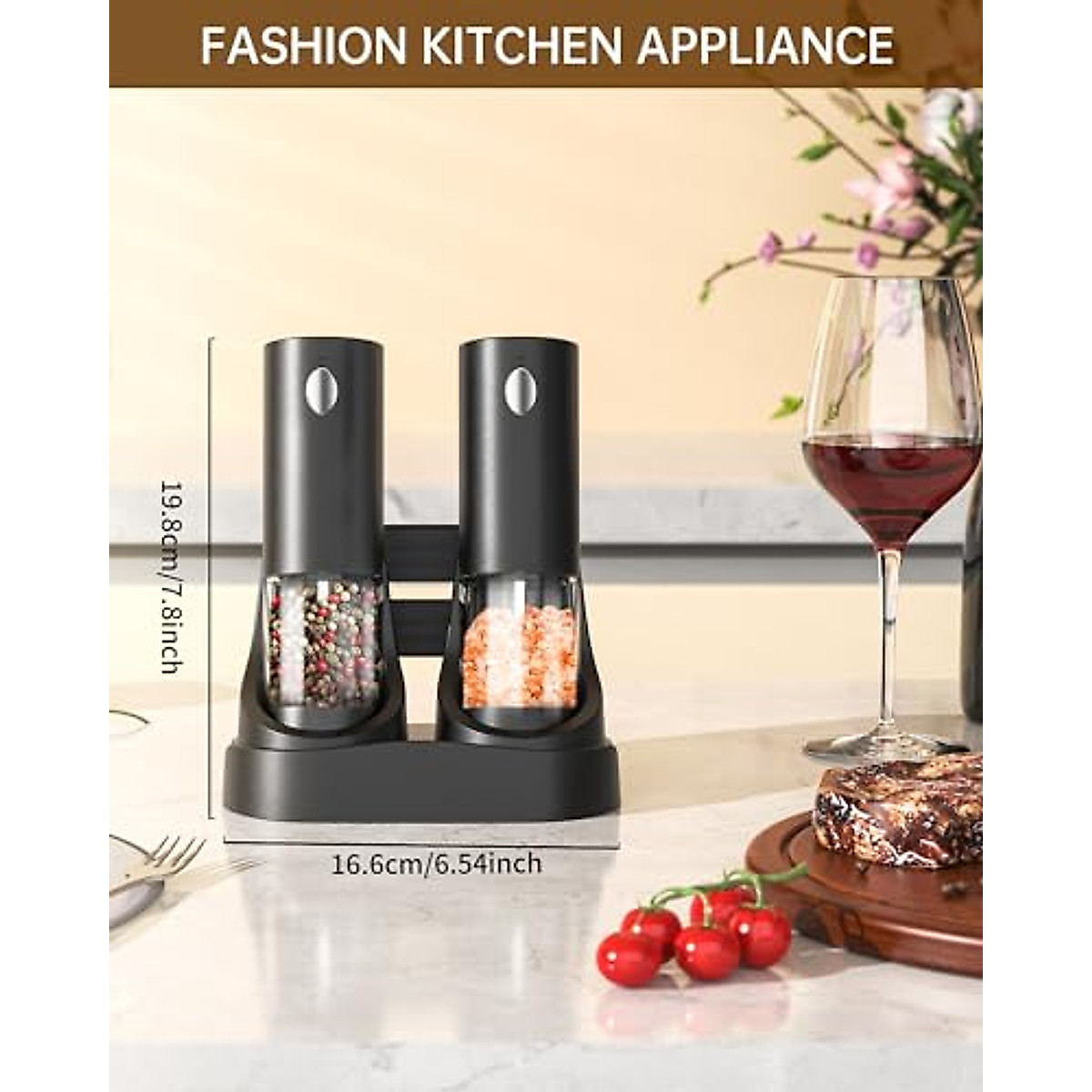 CIRCLE JOY Electric Salt and Pepper Grinder Set Automatic Salt and Pepper Grinder Set with Easy-to-Carry Charging Base and LED Light, Adjustable Coarseness, USB Rechargeable, Washable Container, Black