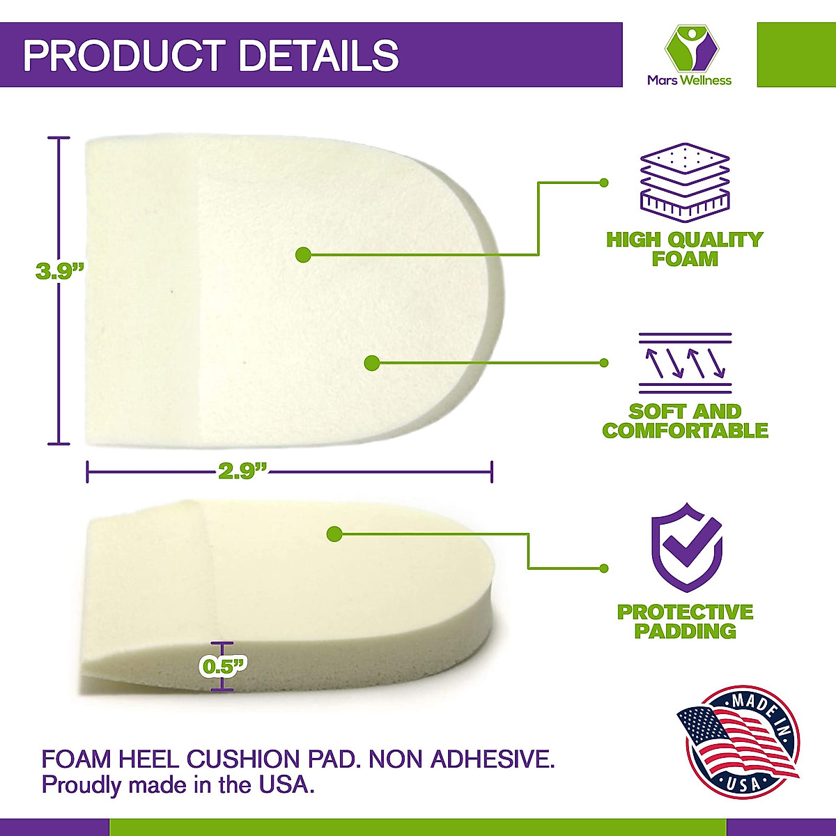 Foam Heel Cushion Pad 1/2" Non Adhesive - Foot Pain Relief - 4 Pairs