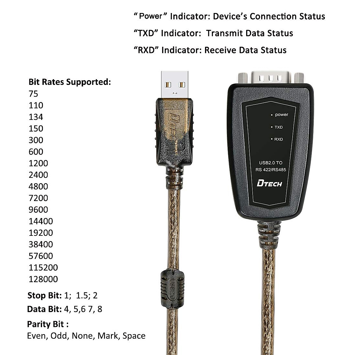 DTECH USB to RS485 Adapter RS422 Serial Port Cable with CP2102 Chip Terminal Board LED Lights Ferrite Core for Windows 11 10 8 7 XP Mac (5 Feet)
