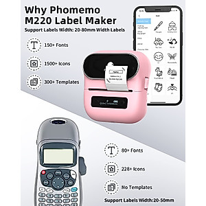 Phomemo Label Printer - M220 Label Maker, Bluetooth Mini Barcode Printer, 3 Inch Wireless Portable Sticker Maker Machine for Mailing, Storage, Address, Clothing, Home, Office,Pink