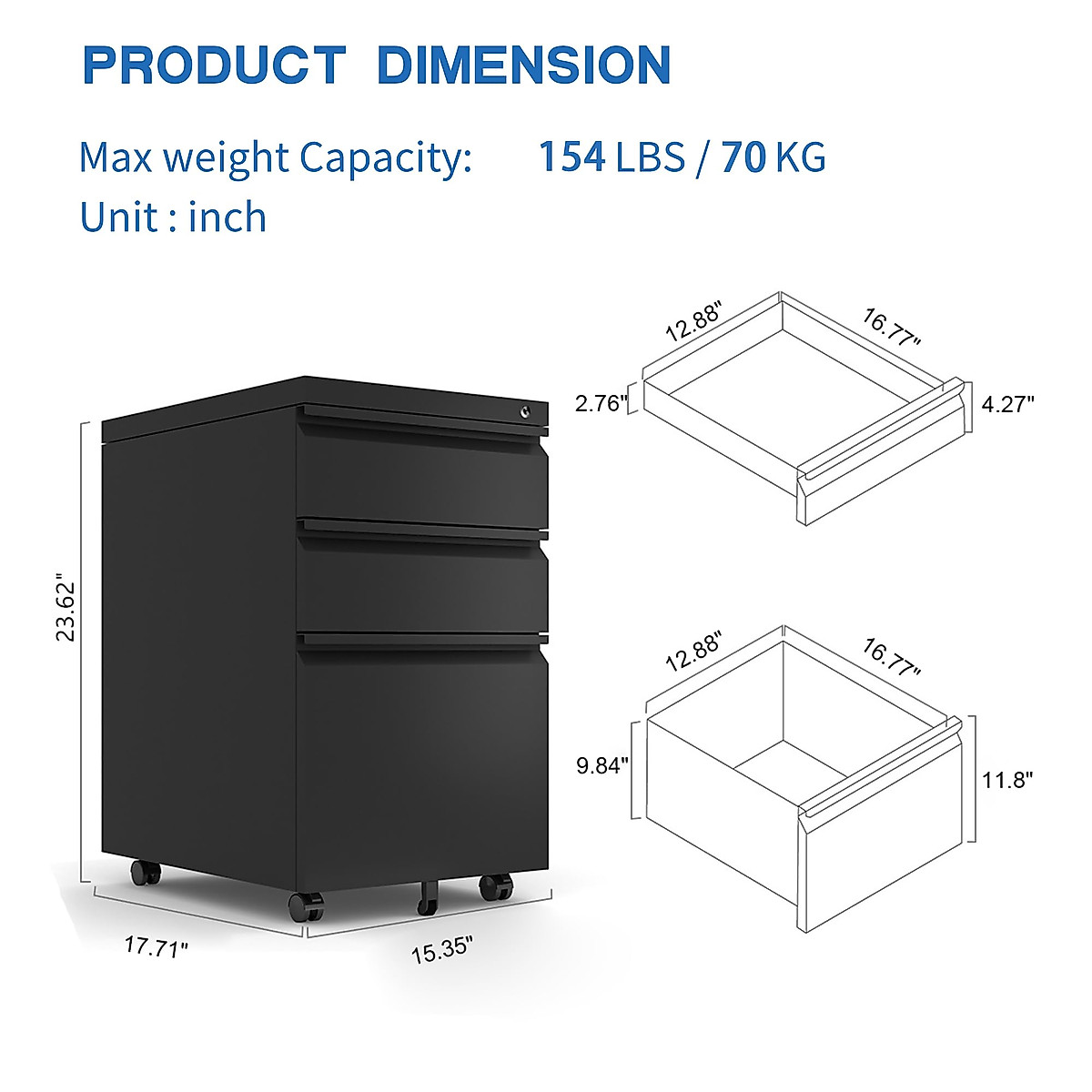 Gustonhon 3-Drawer Mobile File Cabinet with Lock,Under Desk Home Office Storage Filing Cabinet for Legal/Letter Size, Pre-Assembled Metal File Cabinet Except Wheels (Black)
