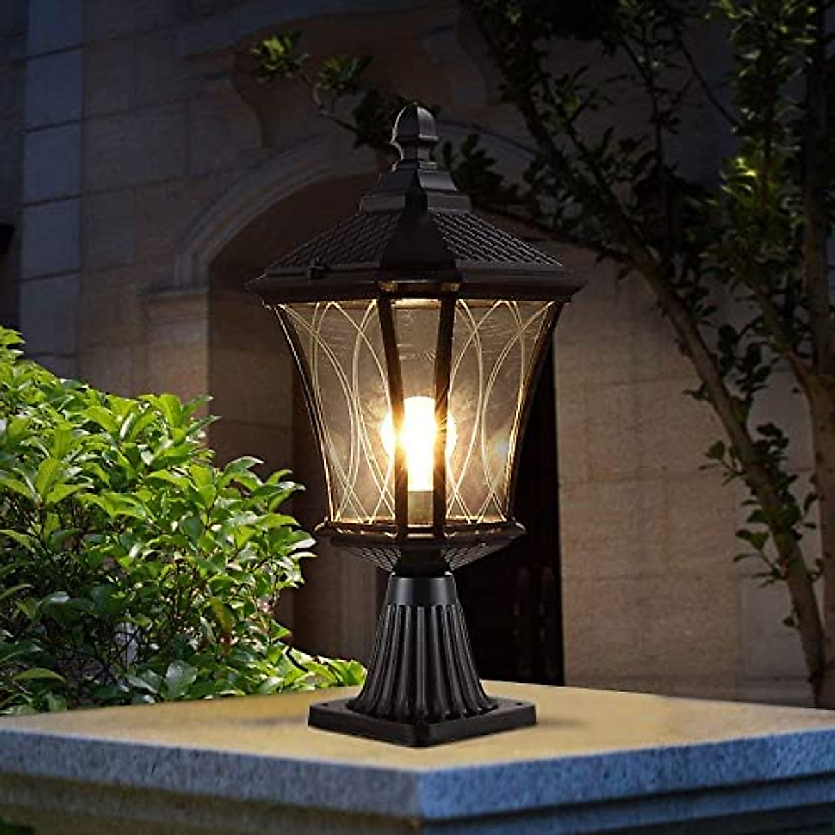 MODEBHD European Vintage Glass Lantern Pillar Column Light External Rainproof Aluminum Landscape Waterproof Retro Column Lamp Outdoor Table Lamp Lawn Garden Fence Lights Street Post Light