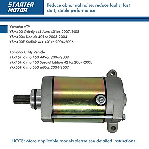 Starter Motor Replacement for Yamaha UTV Rhino 450 660 ATV Grizzly 450 660 Kodiak 400 450 Wolverine 450 with 9 Tooth 12V Starter Motor OE Replace # 4WV-81800-00-00, 4WV-81890-00-00, 5KM-81890-00-00