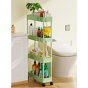LEHOM 5.3" Slim Storage Cart - 4 Tiers Bathroom Organizer Mobile Shelving Unit Storage Rolling Utility Cart Slide Out Organizer for Kitchen Bathroom Laundry Narrow Places, Green