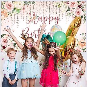 RUBFAC Happy Birthday Banner Decorations Backdrop Rose Gold Birthday Banner Party Supplies Photography Background for Women Girls