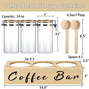 Liengoron 3x54oz Glass Coffee Bean Storage Container with Shelf 3PCS Glass Coffee Containers with Airtight Locking Clamp Lid Spoons Coffee Canister Set Jars for Kitchen Food Storage Tea Sugar,Wood