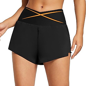 BALEAF 3" Swim Shorts Women High Waisted Board Shorts with Liner Tummy Control Cross Waist Swimsuit Bottoms Modest Black L