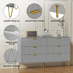 UEV Large Grey 6 Drawer Dresser,Modern Dresser Chest with Wide Drawers and Metal Handles,Wood Storage Chest of Drawers for Bedroom,Hallway,Entryway (Grey, Large 6 Drawer)