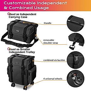 BYOOTIQUE 2in1 Soft Sided Rolling Makeup Train Case Trolley Freelance Makeup Artist Cosmetic Organize Storage Travel Case with Wheels Classic Black