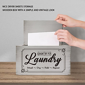 SUPERDANT Dryer Sheets Holder with Lid Rustic Dryer Sheet Dispenser Laundry Lettering Dryer Sheets Container Laundry Fabric Softener Dispenser Box for Laundry Room Organization Storage Gray