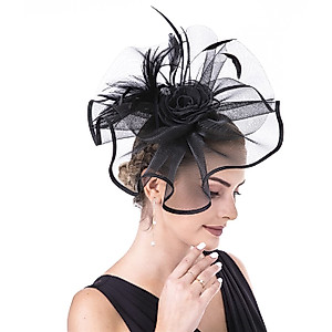 Lucky Leaf Girl Lady Hat Headwear Organza Church Feather Clip Fascinators Hat Wedding Party Kentucky Derby Cap for Women(L-Flowers-Black)