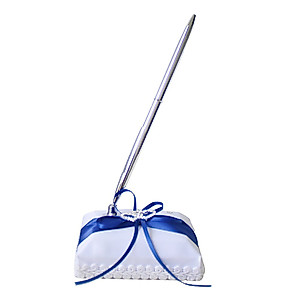 Amajoy 5pcs Sets Wedding Guest Book + Pen Set + Flower Basket + Ring Pillow + Garter, White Cover, Double Heart Rhinestone Decor Royal Blue Ribbon Bowknot Elegant Wedding Ceremony