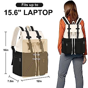 Bluboon Laptop Backpack Women Men 15.6 Inch College Backpack with Charge Port School Bookbag Waterproof Casual Daypack Backpack for Travel Work(Black-Beige)