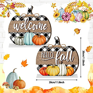 Geetery Thanksgiving Hello Fall Pumpkin Sign Decorations 12 Inch Double Printing Wooden Autumn Buffalo Plaid Welcome Tabletop Decor Farmhouse Thanksgiving Decorations for Harvest Living Room