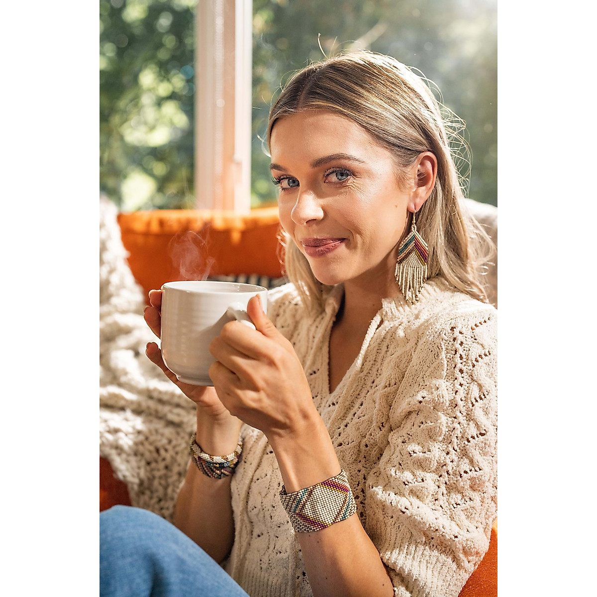 INK+ALLOY Women's Fringe Seed Bead Dangle Earrings Handmade Jewelry for the Modern Bohemian (Ivory Gold Muted Chevron)