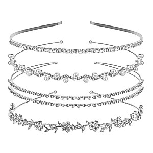 4Pack Bridal Headband Rhinestone Headbands Crystal Flower Girl Leaves Crown Head Band Tiara Wedding Hair Accessories, Silver