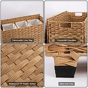 OIAHOMY Laundry Hamper with Lid, 140L Synthetic Rattan Clothes Hamper with Handles, Handwoven Large Laundry Basket with 3 Removable Liner Bags, Foldable, Laundry Room, Bedroom, 27*13*26 Inches, Yellow