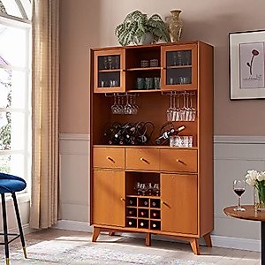 OKD Bar Cabinet, Mid Century Modern Kitchen Hutch Storage Cabinet with Wine and Glass Rack, Storage Shelves, and Drawers, Buffet Sideboard Cabinet for Home Kitchen, Dining Room, Cherry