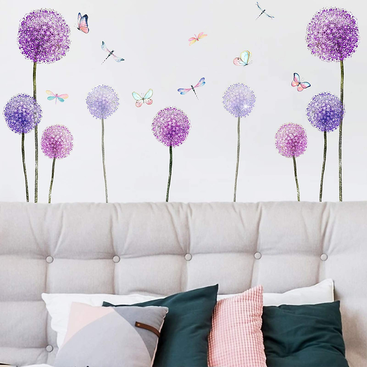 Dandelion Plant Wall Decals, Flying Violet Flowers Butterflies Dragonfly Wall Stickers, DILIBRA Removable Peel and Stick DIY Art Vinyl Mural for Classroom Kids Bedroom Bathroom Nursery Home Decor
