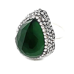 Duel On Jewel Turkish Silver Rhodium Ottoman Sultan Womens Cocktail Teardrop Adjustable Ring Size 6 to 8 in Green Zircon and Accents - Gifts For Mothers Day Bride Wedding Party