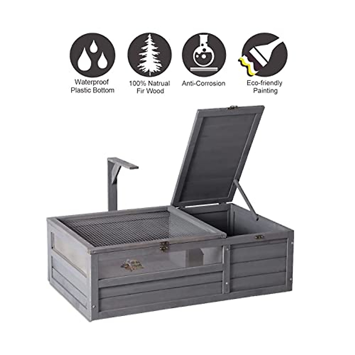 LEISU Wooden Tortoise House with Light Support Frame Lockable Tortoises Enclosure Turtle Habitat with Wire Top and Handle, Outdoor Reptile Cage (Grey)