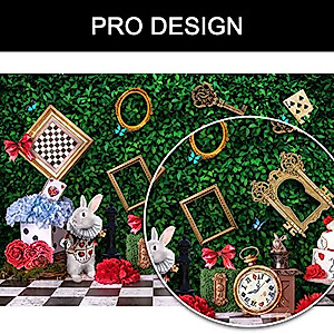 Yriujul 7x5ft Fabric Wonderland Enchanted Tea Party Photography Backdrop Kids Fairy Tale Green Grass Birthday Background Checkerboard Rabbit Photo Tapestry Props