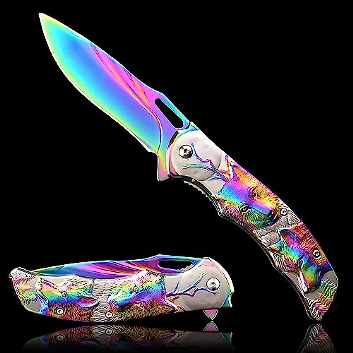 Pocket Knife for Men, Folding Knife With Clip & 3D TITANIUM PLATED WOLF Relief, Embossed Edc Knife For Men Outdoor Survival Camping Hiking hunting (Rainbow)