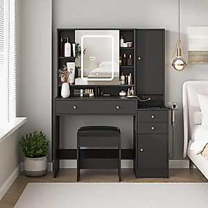 Vabches Vanity Desk with Mirror and Lights, Vanity Table Makeup Vanity with Lights 3 Drawers and Cabinets, Charging Station & Sliding Door, Lots Storage Shelves