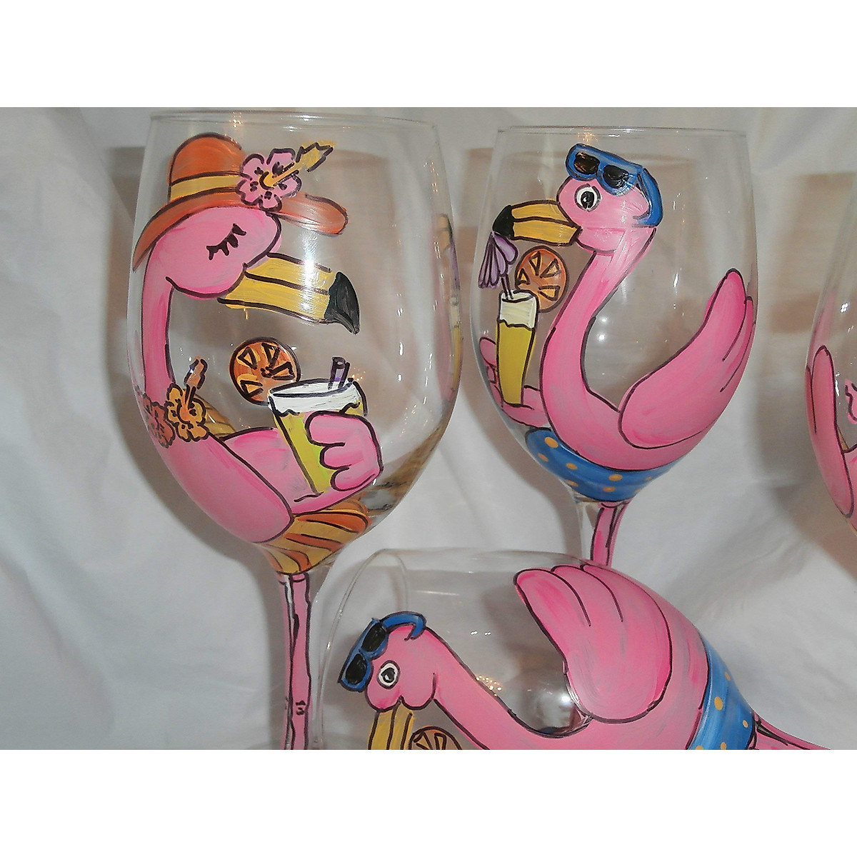 Hand painted beach Flamingos. Set of 4. 2 male and 2 female.