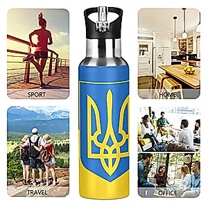 Stainless Steel Water Bottle with New Wide Handle Straw Lid Ukraine Flag National Emblem Portable Sport Bottle 20 Oz