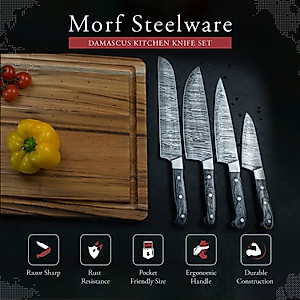 Morf Steelware Damascus Chef Knife, 5 Pieces of Damascus Steel Chef Knife Set for Kitchen, BBQ Knives, Camping Cooking Knives, Knives for Men for Camping and Outdoors