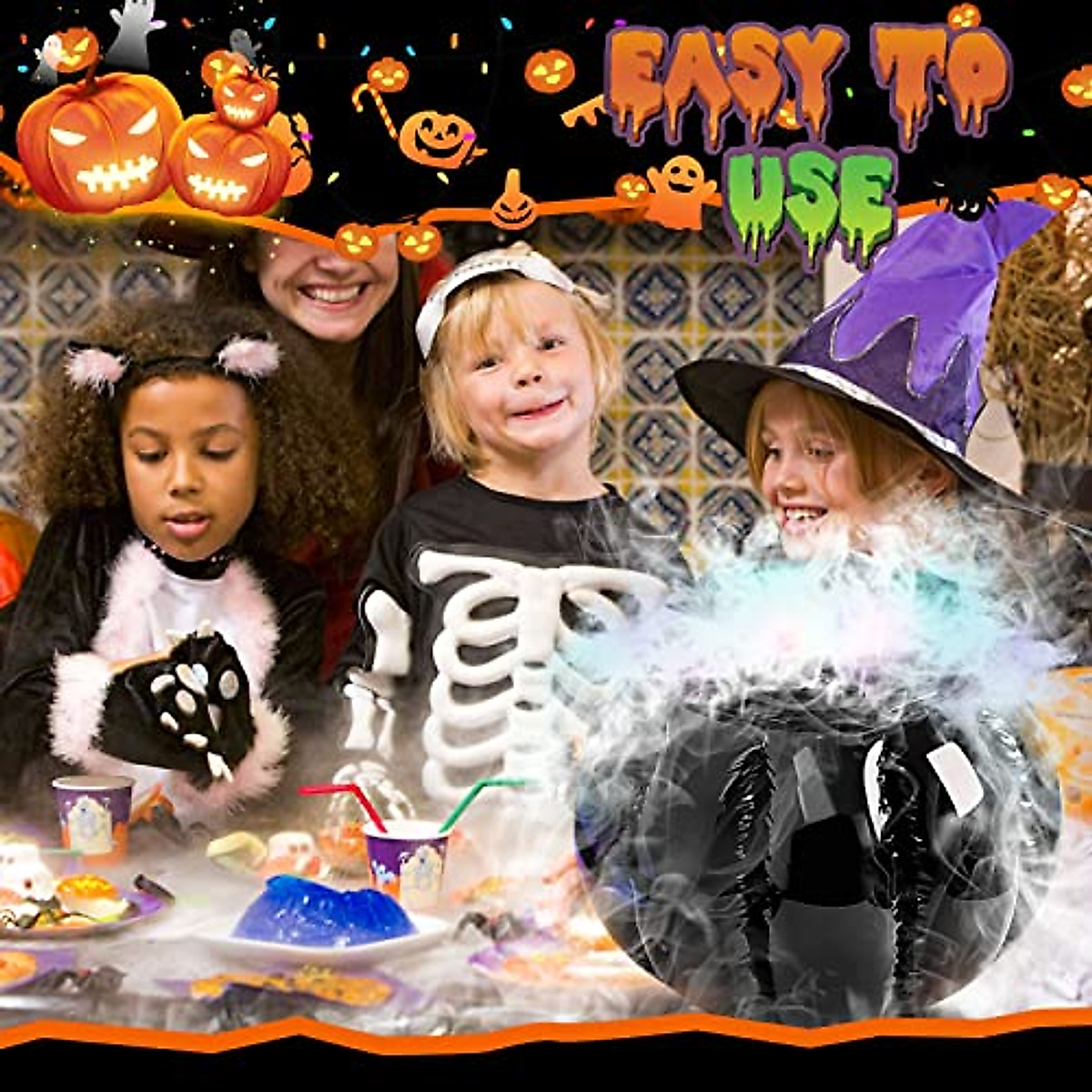 CHENGU Halloween Mist Maker Fogger Led Witch Cauldron Fog Maker Black Plastic Cauldron Colourful Water Fountain Pond Mist Machine Halloween Cauldron Decorations for Halloween Party Gift Decor (4)