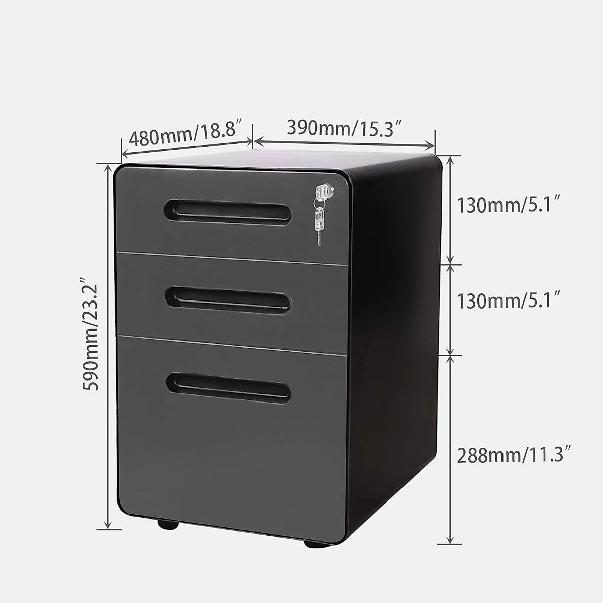 ApexDesk 3-Drawer Vertical Metal Mobile File Cabinet with Locking Keys - Charcoal Panel/Black Body