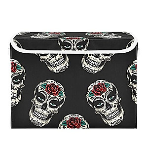 innewgogo Skull with Rose above Head Storage Bins with Lids for Organizing Cube Cubby with Handles Oxford Cloth Storage Cube Box for Toys