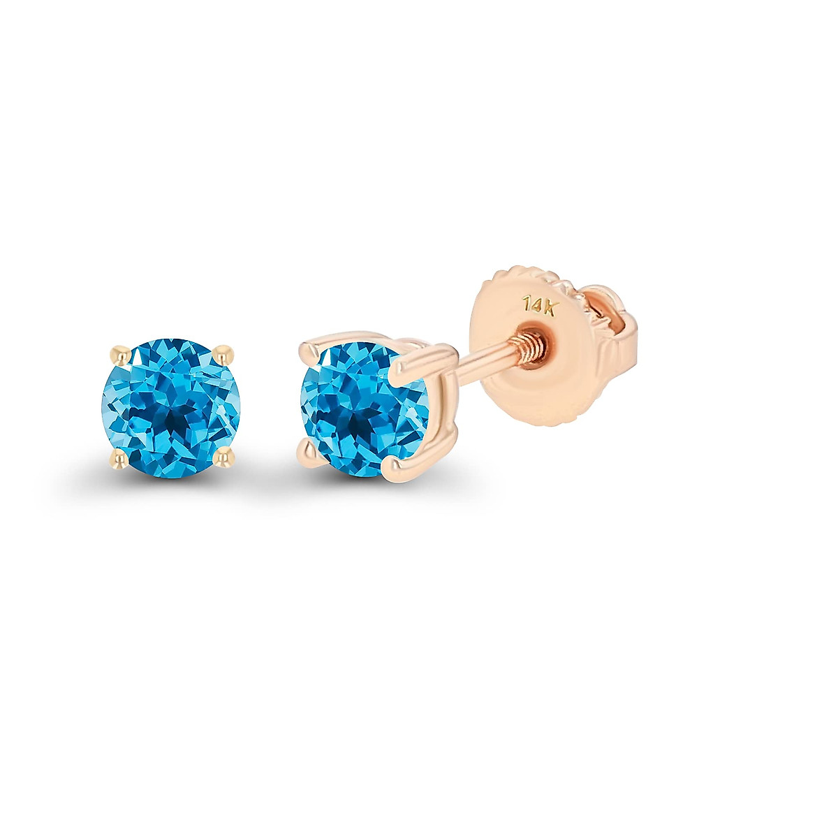 Solid 14K Yellow Gold 4mm Round Natural Swiss Blue Topaz December Birthstone Screwback Stud Earrings